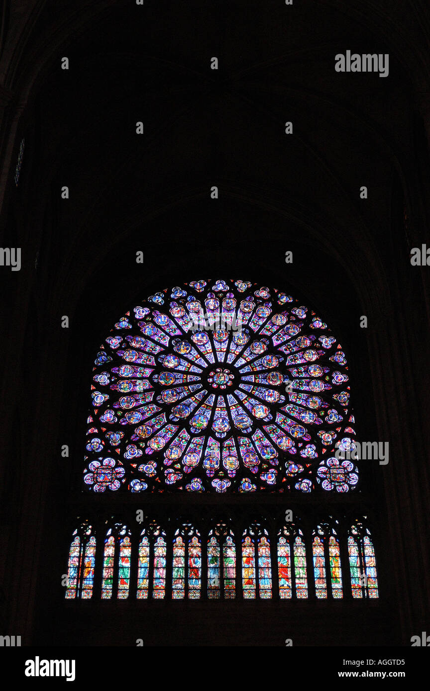 Stained glass rose window of Notre Dame Cathedral Paris France Stock ...