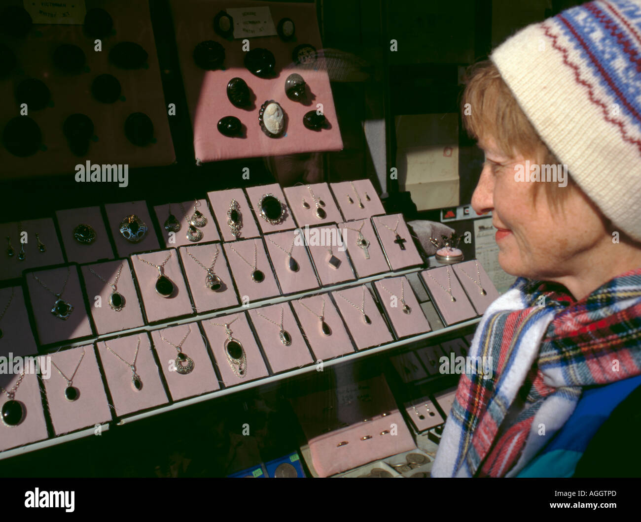 Shop window display of Victorian jet, Whitby, North Yorkshire, England ...