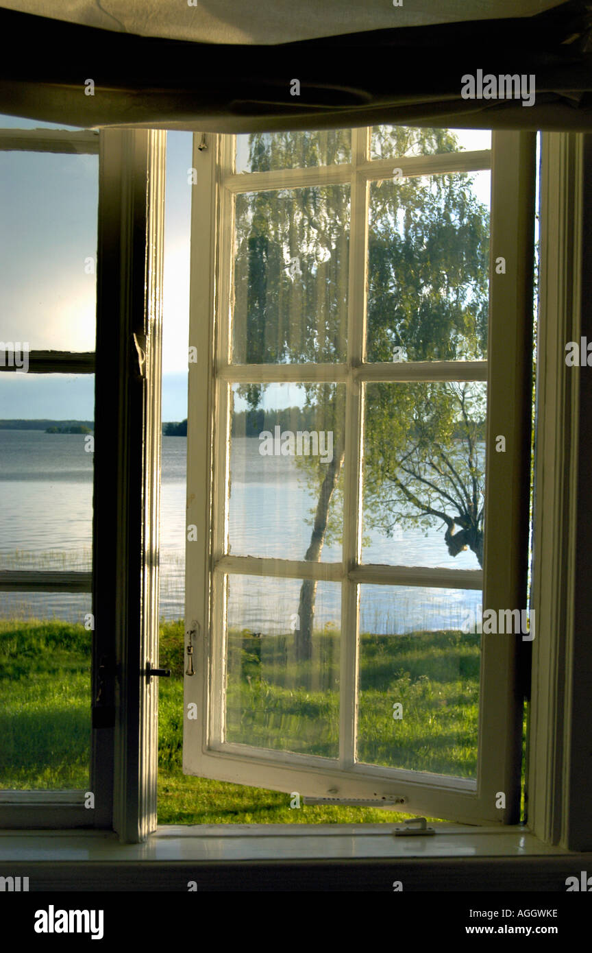 view of lake from window, Sweden Stock Photo - Alamy
