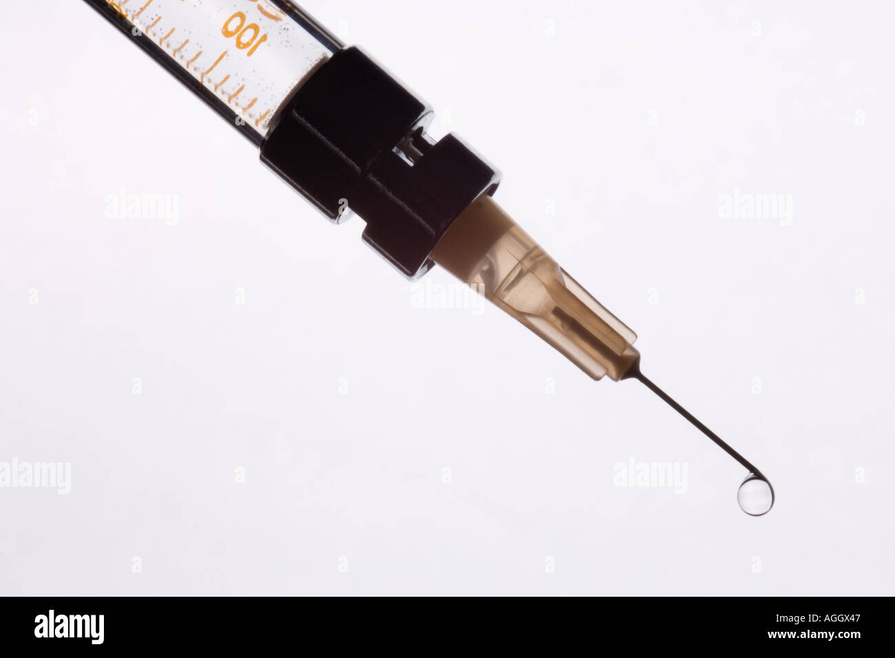 A syringe with a droplet of liquid at the end of the needle Stock Photo ...