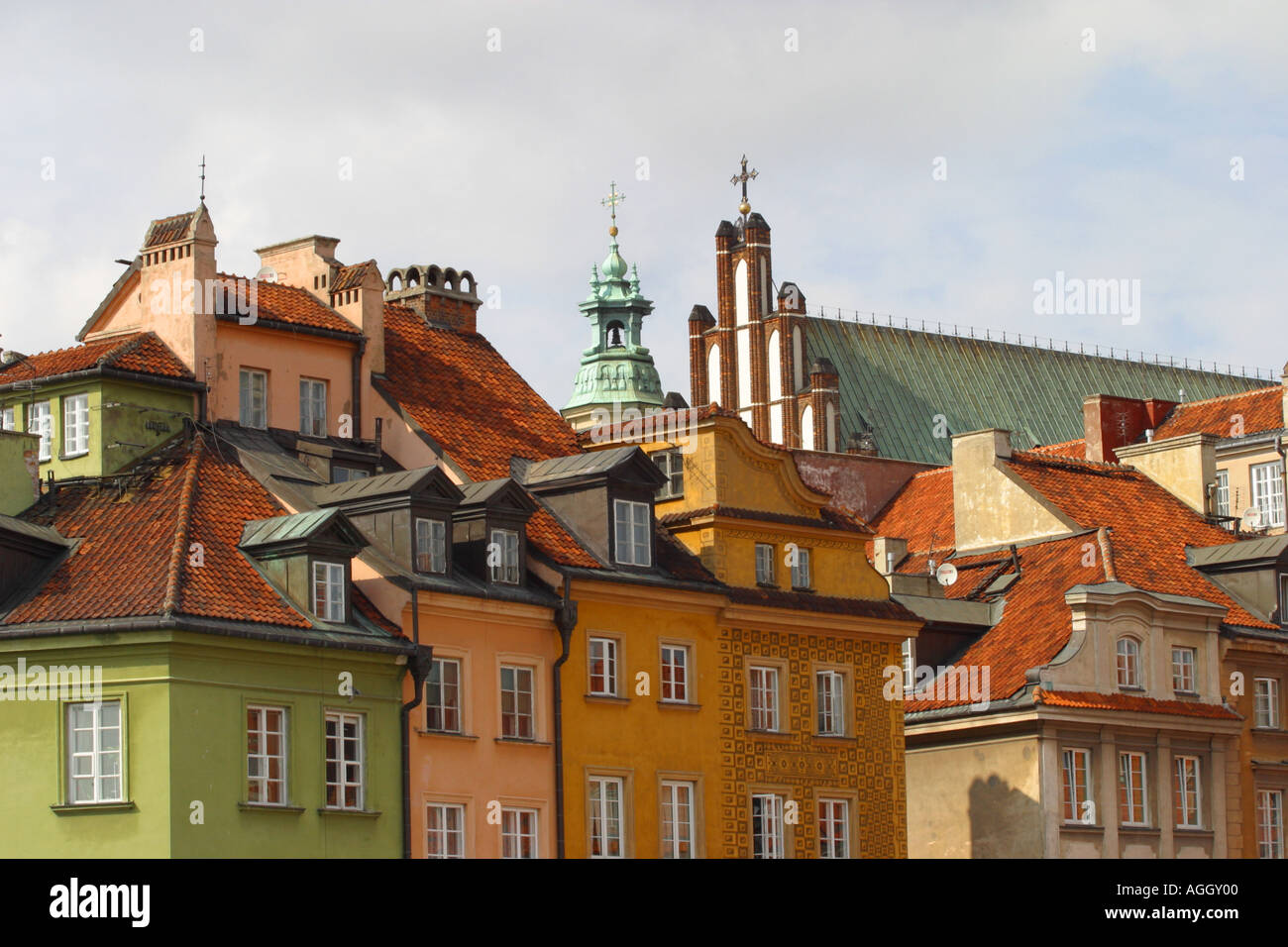 Warsaw Poland Old Town Square roof top and pastel coloured architecture ...