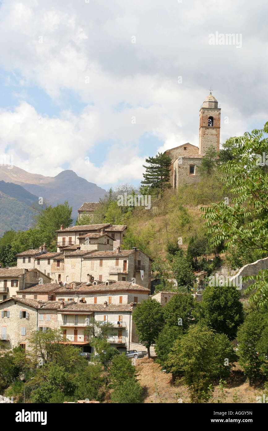 The historic church of Montefortino stands out against the background ...