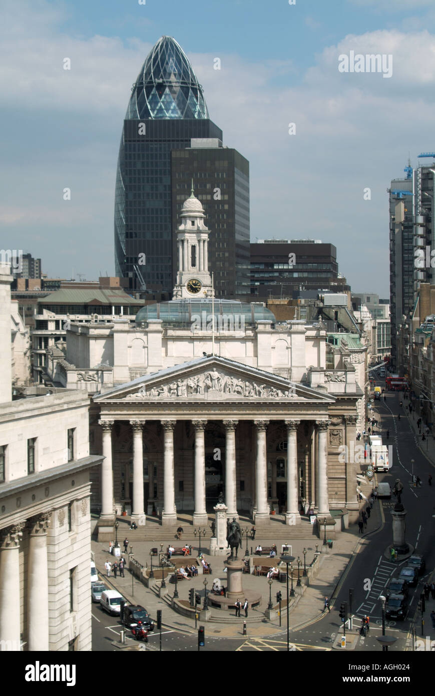 City of London skyline with columns of The Royal Exchange and Gherkin ...