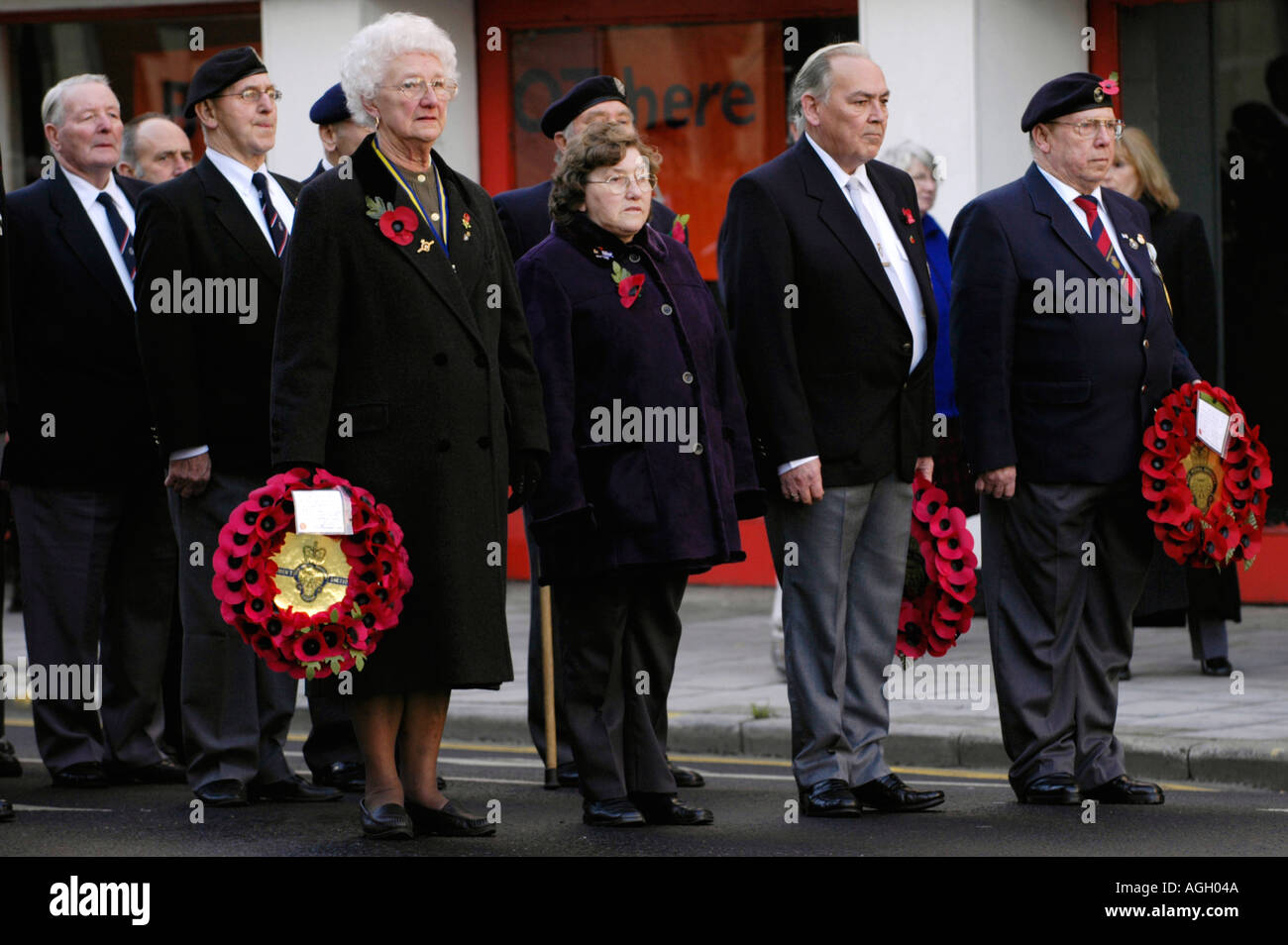 Remembrance Day parade with poppy wreaths in Newport, South Wales UK ...