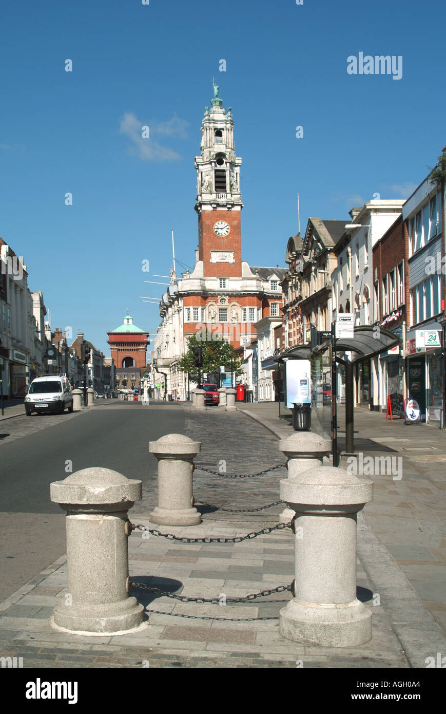 Colchester High Street with tower of the town hall quiet on a Sunday ...