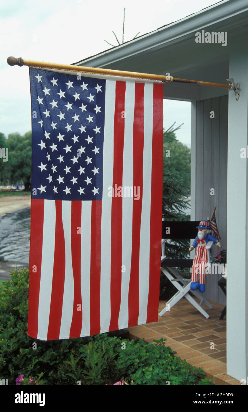 American flags in a small village in upper New York State USA near ...