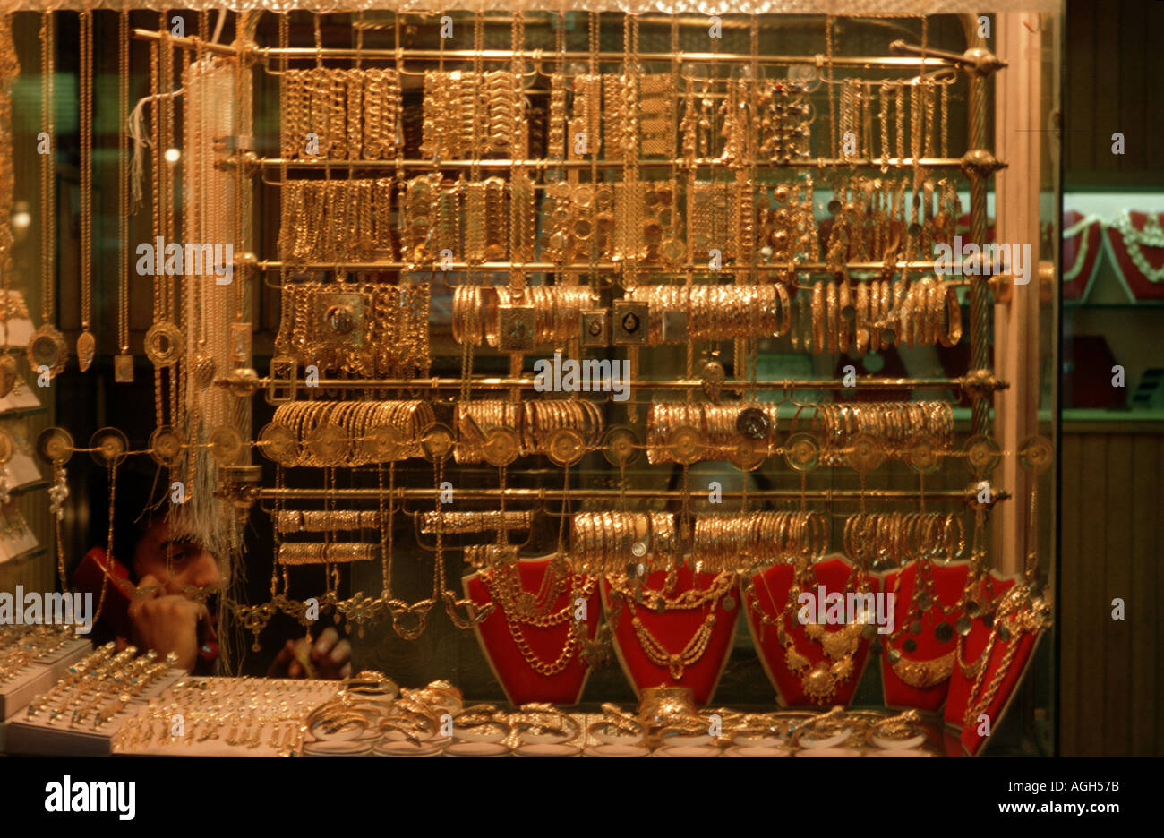 Gold jewellery displayed in a window of a Syrian Jeweler in the Suq in ...