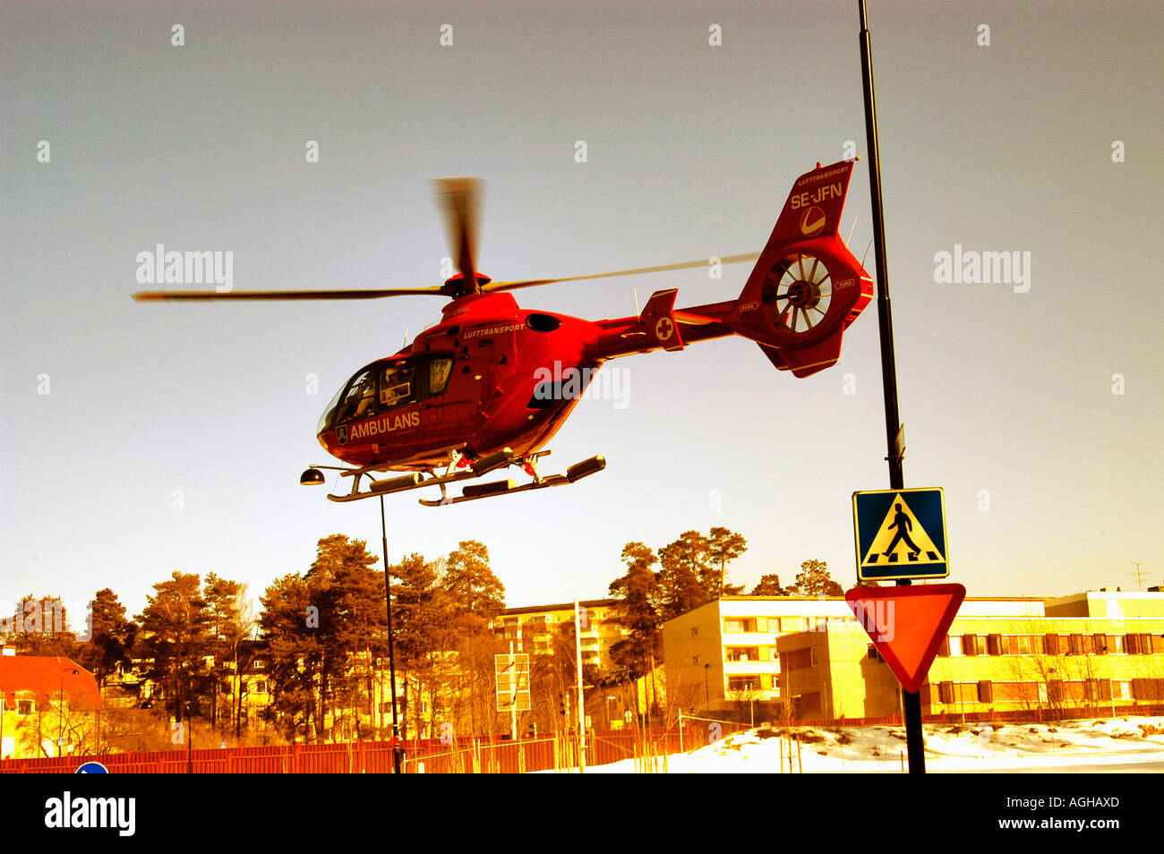 emergency helicopter / ambulance at accident scene, Stockholm, Sweden ...