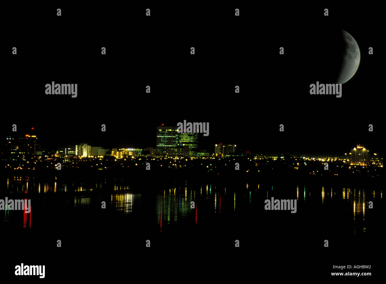 USA Alaska Anchorage skyline with lunar eclipse Nov 28 1993 Double ...