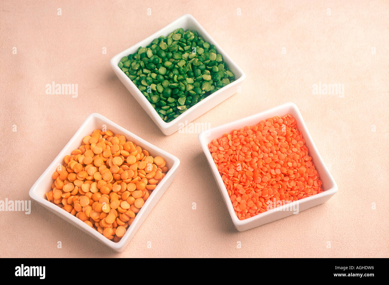 Still life portrait of peas split into three types in three different ...