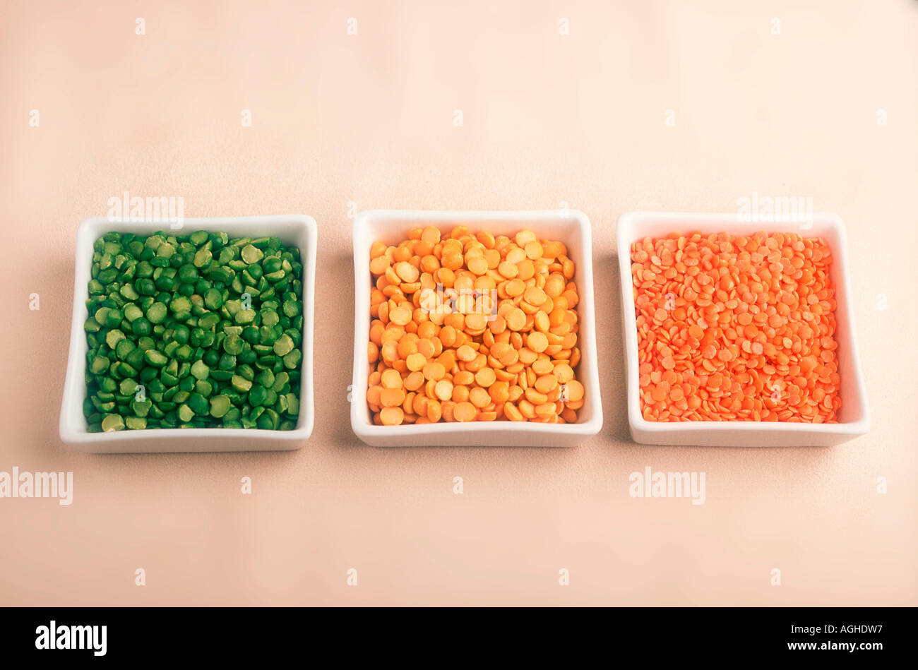 Still life portrait of peas split into three types in three different ...