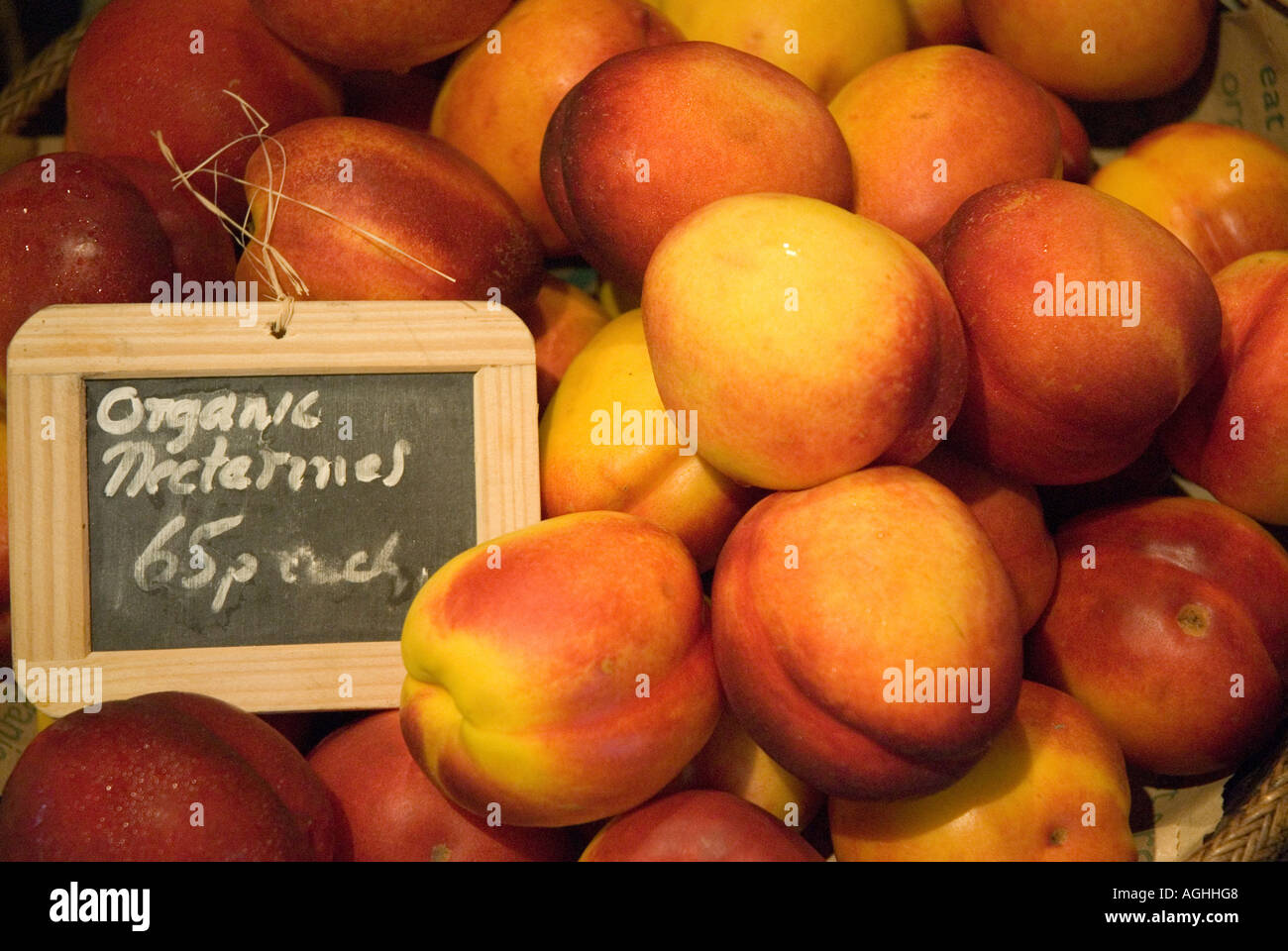 Organic nectarines fruit produce in Judges wholefoods shop High Street ...