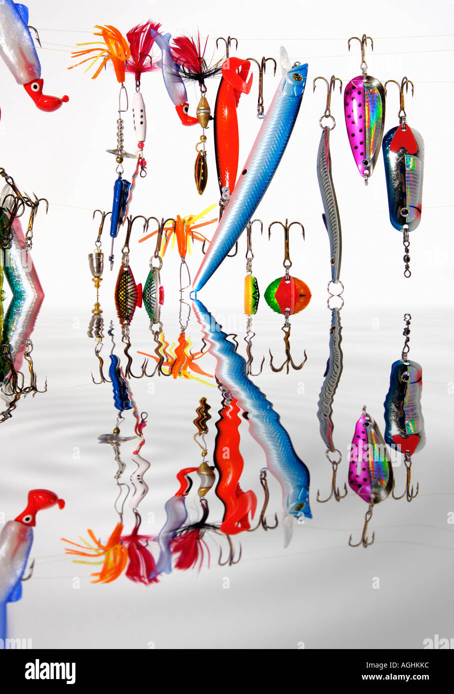 lure of different sorts hanging on a fishing line Stock Photo - Alamy