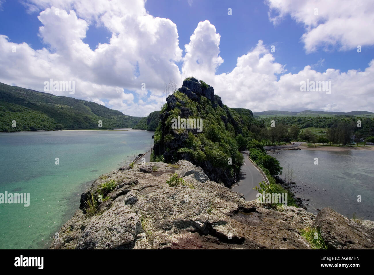 Panoramic view of sea and land and rock at Maconde, Mauritius Stock ...