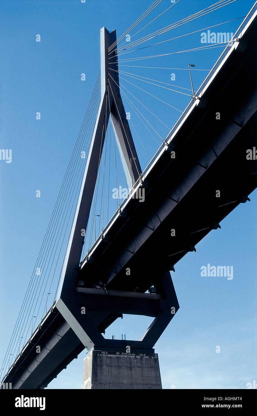 The kohlbrand bridge in hamburg with blue sky hi-res stock photography ...