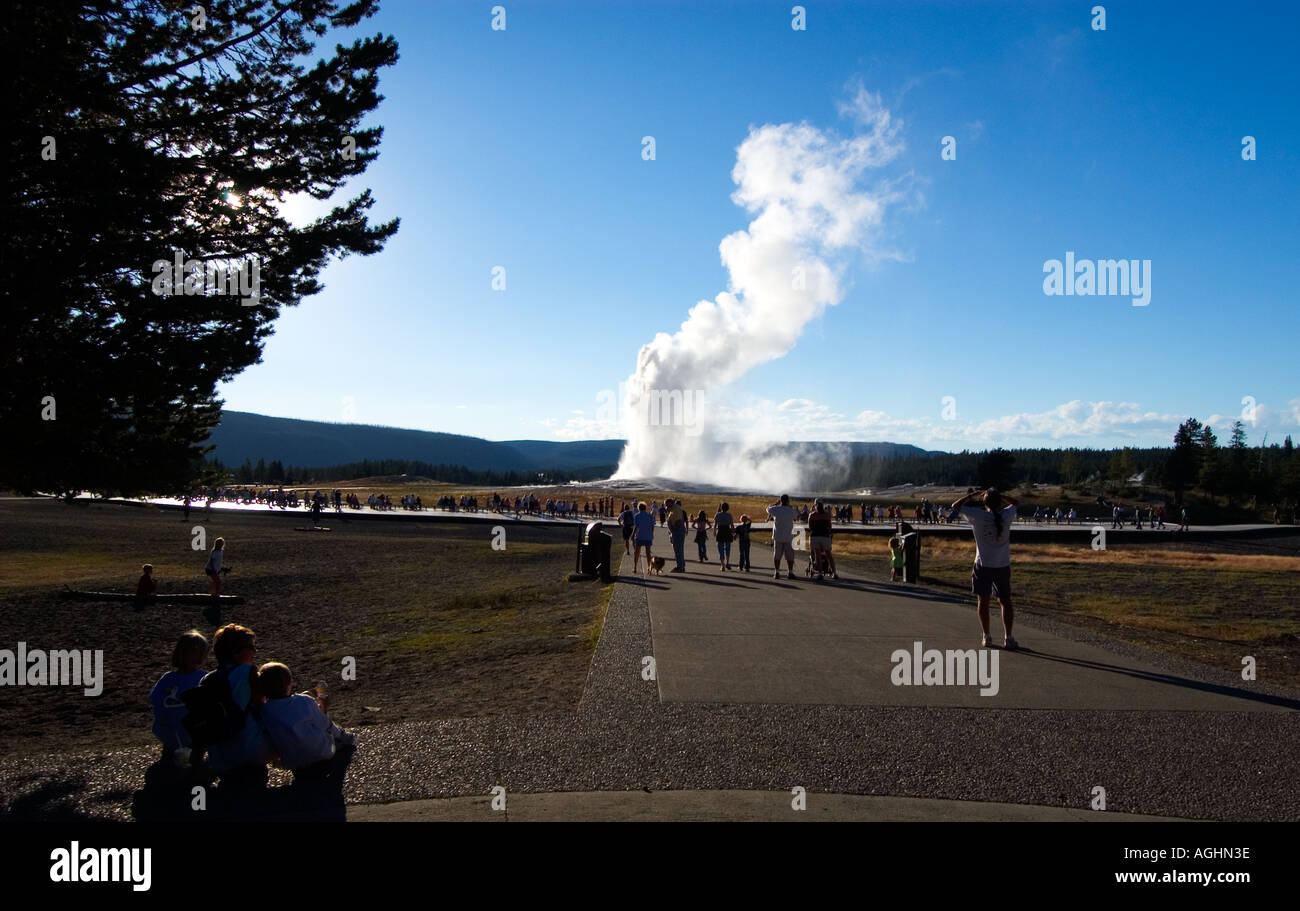 Crowds of tourists gathering to watch Old Faithful Stock Photo - Alamy