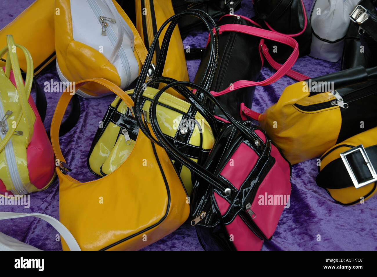 display of coloured handbags Stock Photo - Alamy