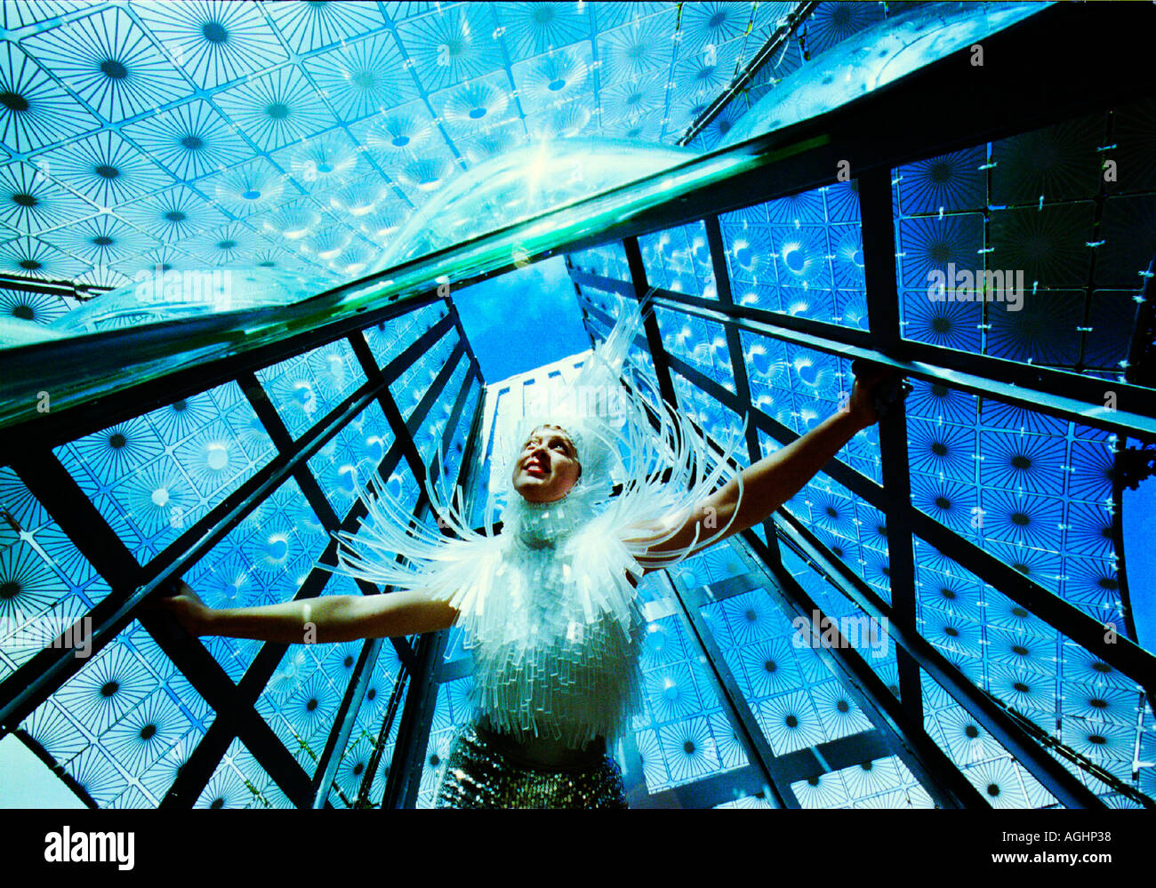 Lady in blue models Perspex art as costume Stock Photo - Alamy
