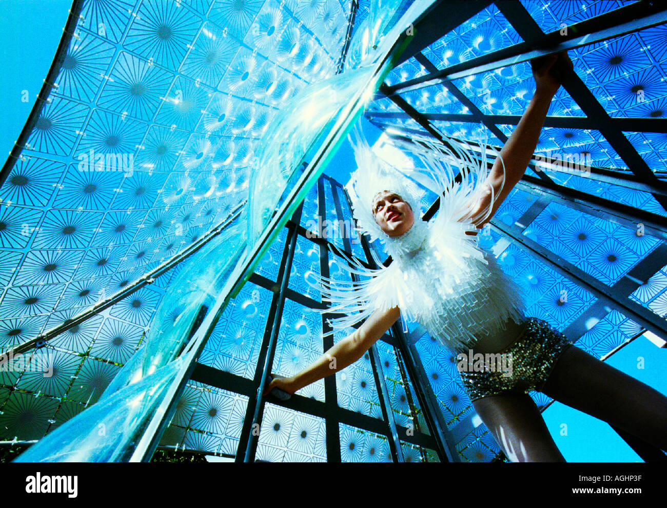 Lady in blue models Perspex art as costume Stock Photo - Alamy