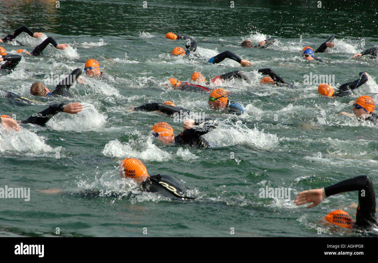 Swimmers in a triathlon Stock Photo - Alamy