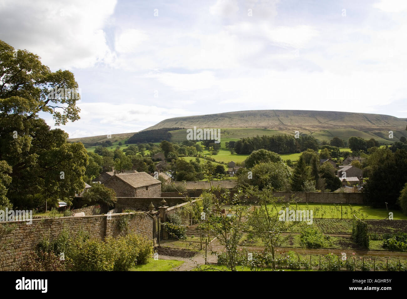 DOWNHAM LANCASHIRE UK September Looking across the gardens and rooftops ...