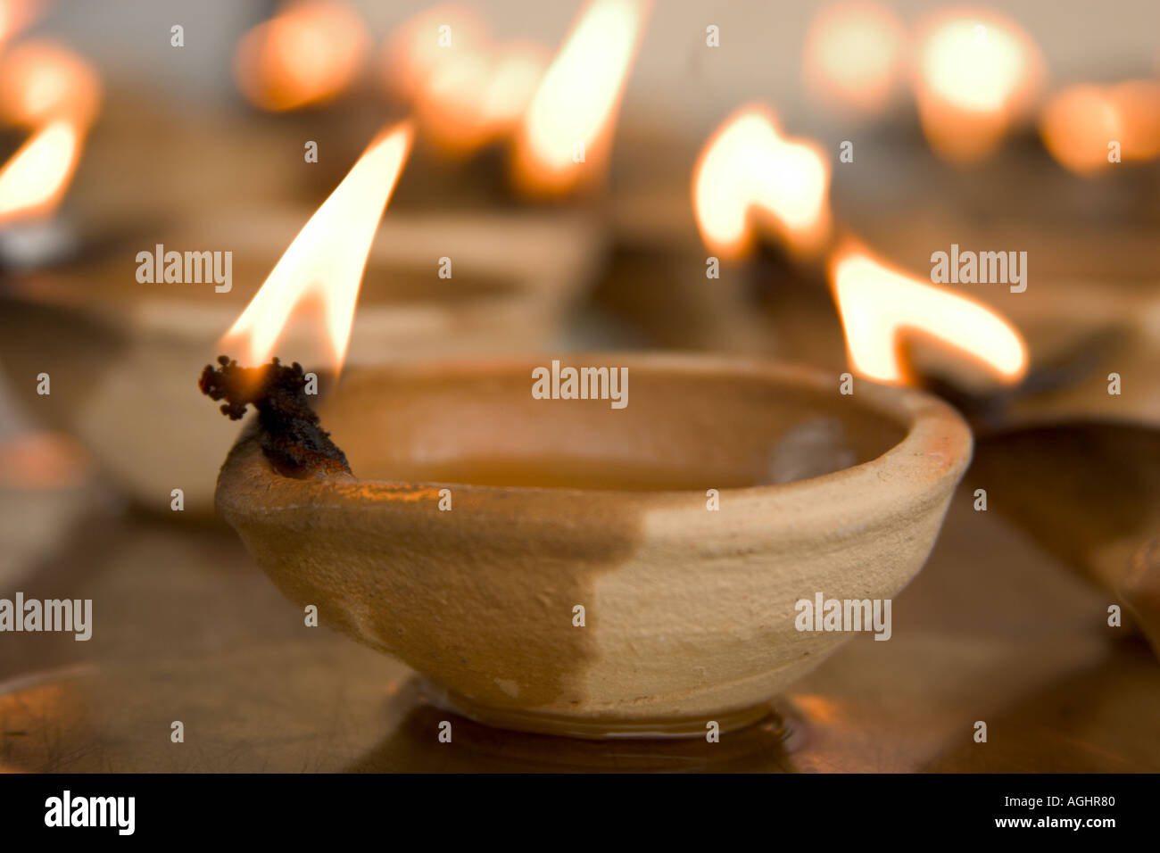 oil lamps lit for buddhist prayers concept hope peace love comfort ...