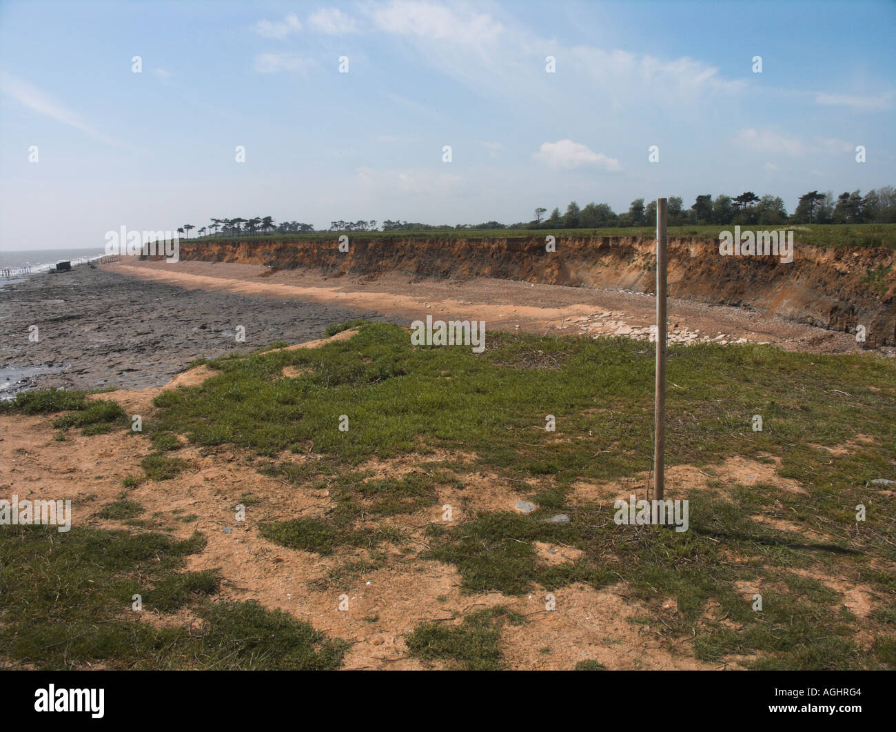 Crumbling cliffs showing rapid recession looking down from top into bay ...