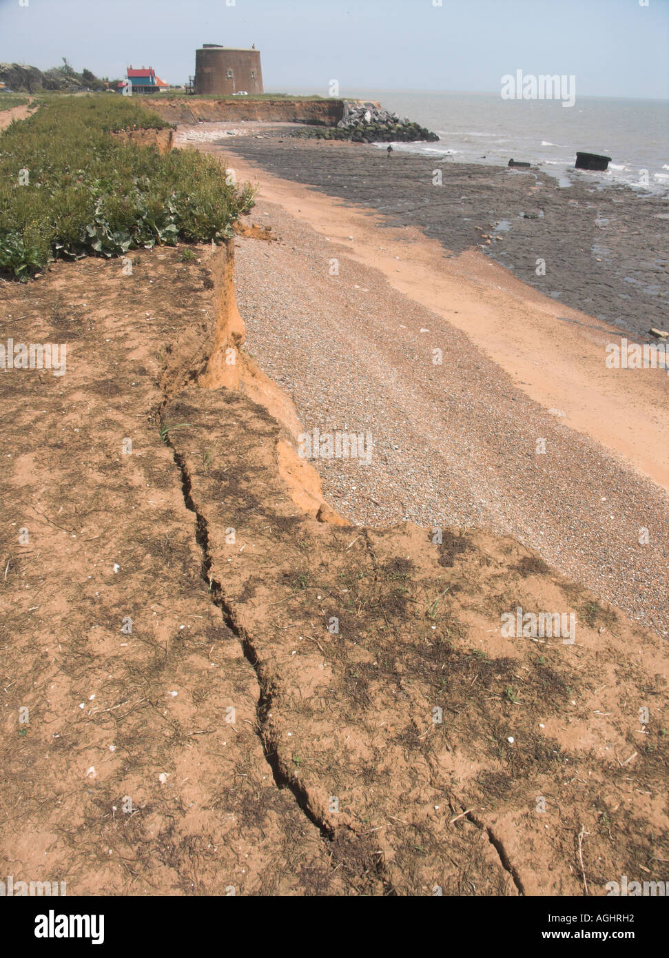 Crumbling cliffs showing rapid recession looking down from top to beach ...
