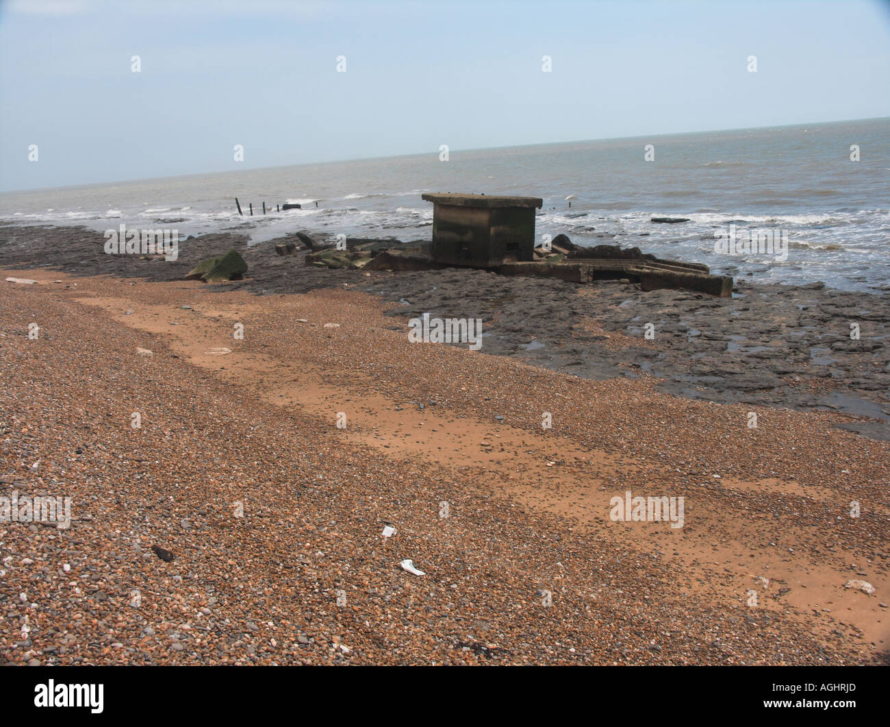 Second world war pill box eroded by the sea Bawdsey, Suffolk Stock ...