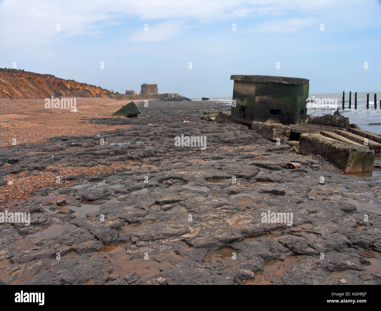 Second world war pill box eroded by the sea Bawdsey, Suffolk Stock ...