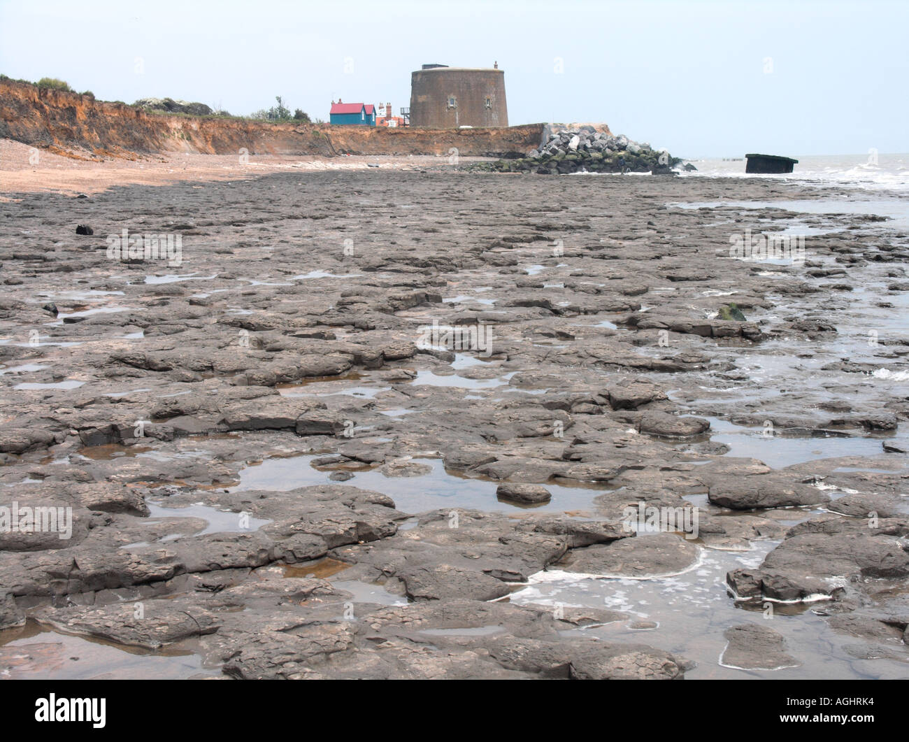 Martello tower London clay wave cut platform, rock armour, cliff ...