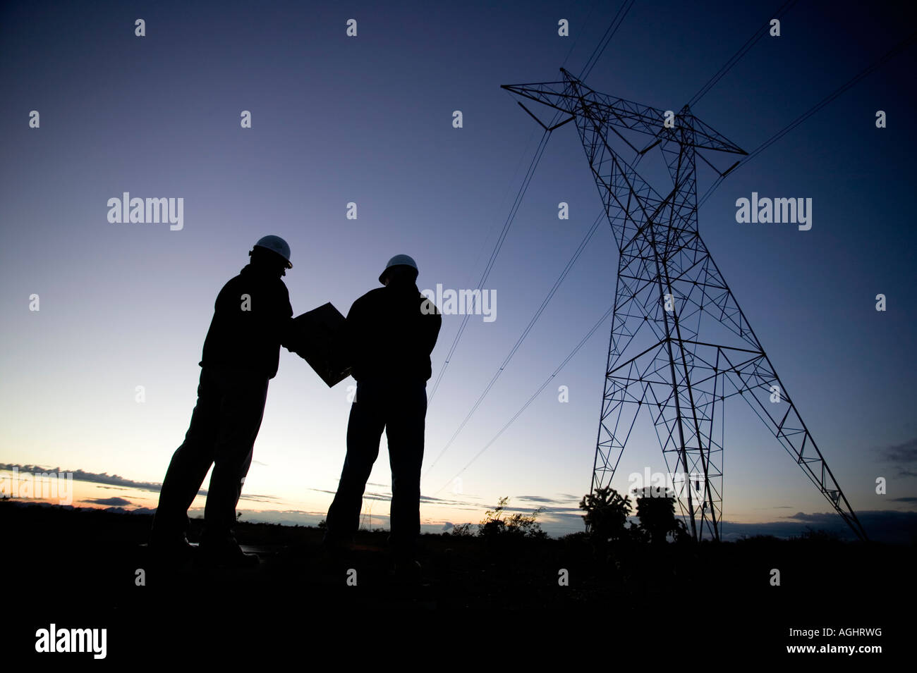 electrical workers study plans beneath high voltage power lines Stock ...