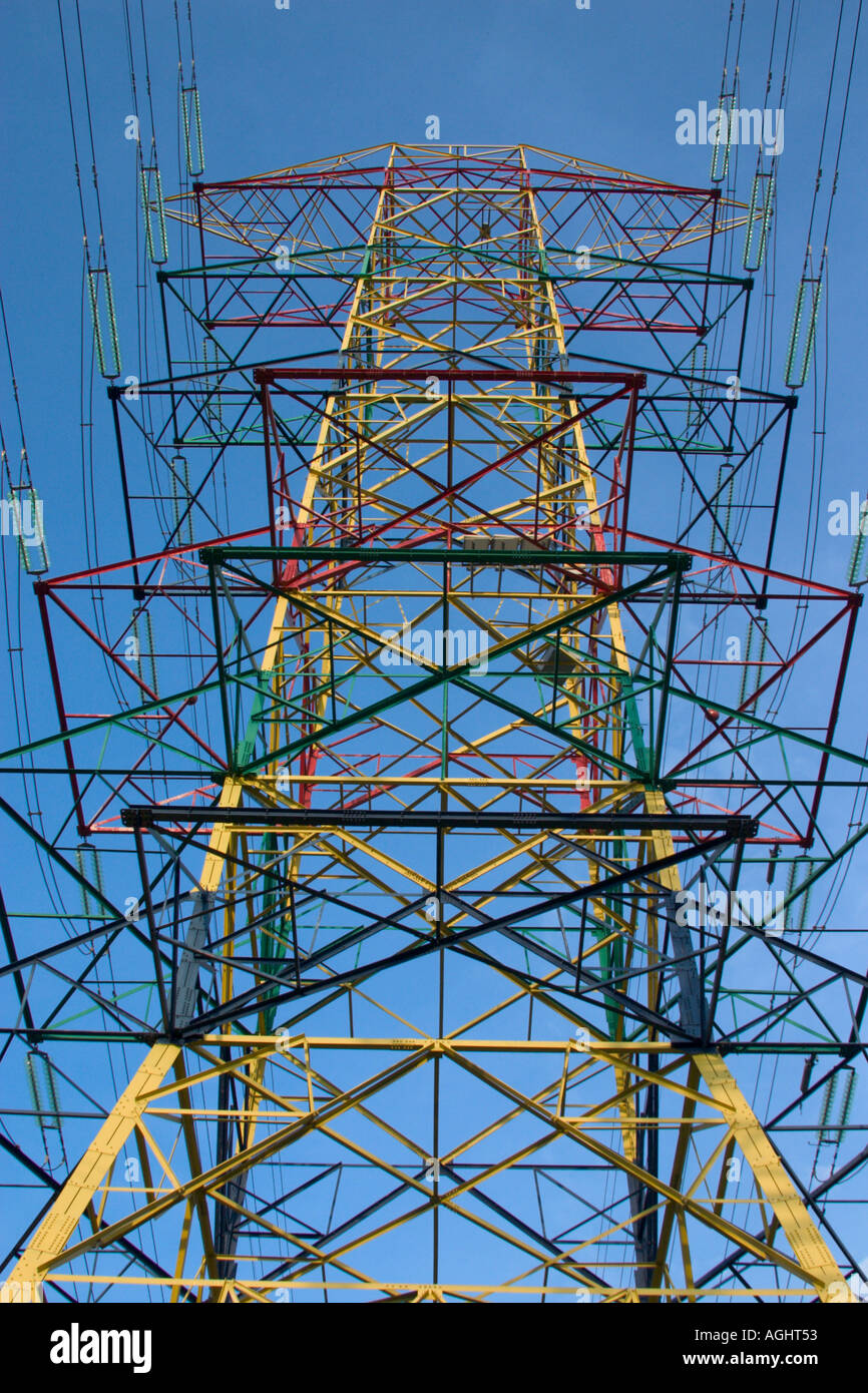 colorful electricity power transmission tower with blue sky Stock Photo ...