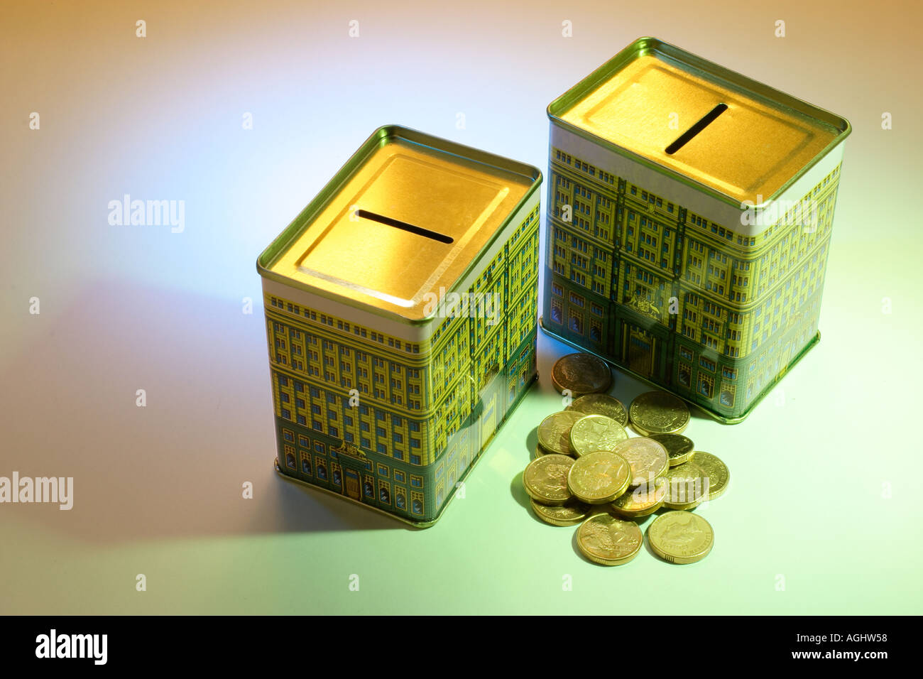 Coins and Tin Coin Boxes Stock Photo - Alamy