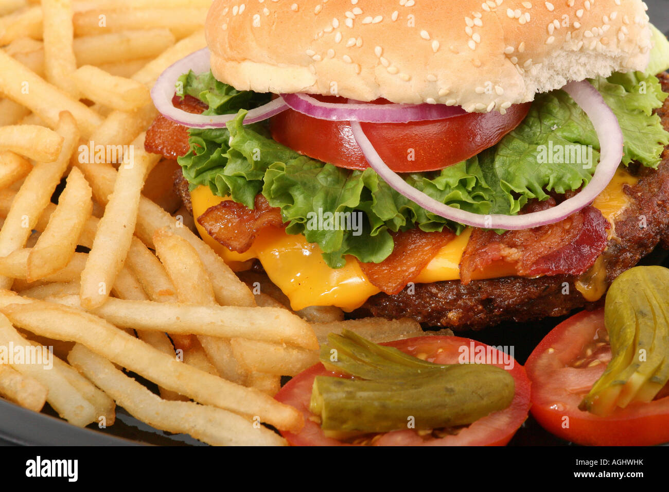 Hamburger with French Fries fry fast food Burger on a plate table ...