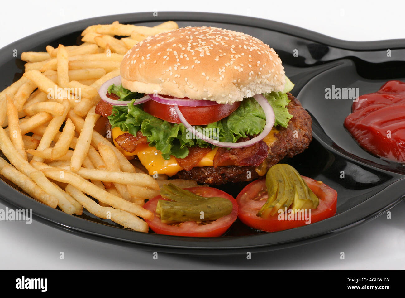 Hamburger with French Fries Beef burger on a plate American fast food ...