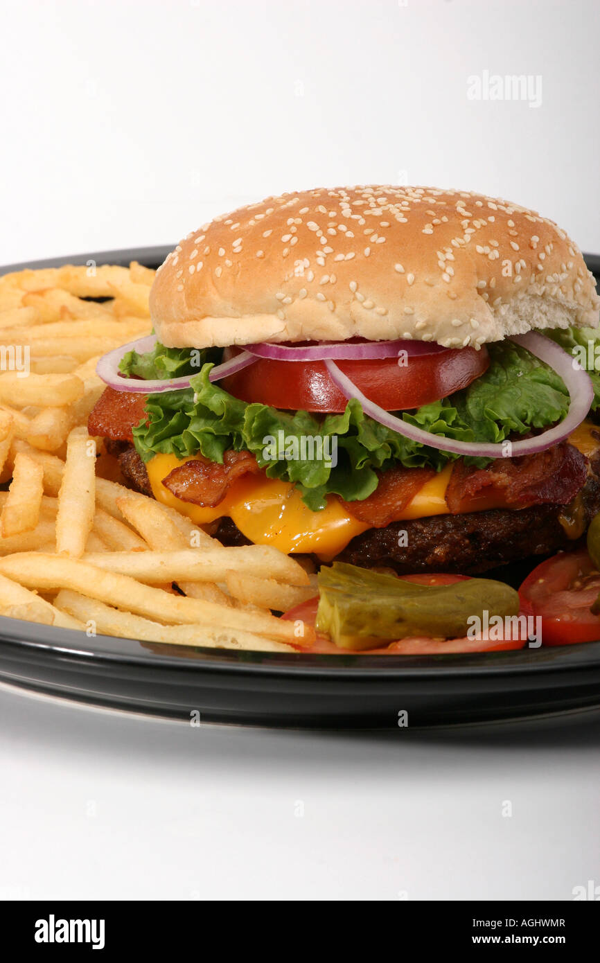 Hamburger with French Fries Beef burger on a plate American fast food ...