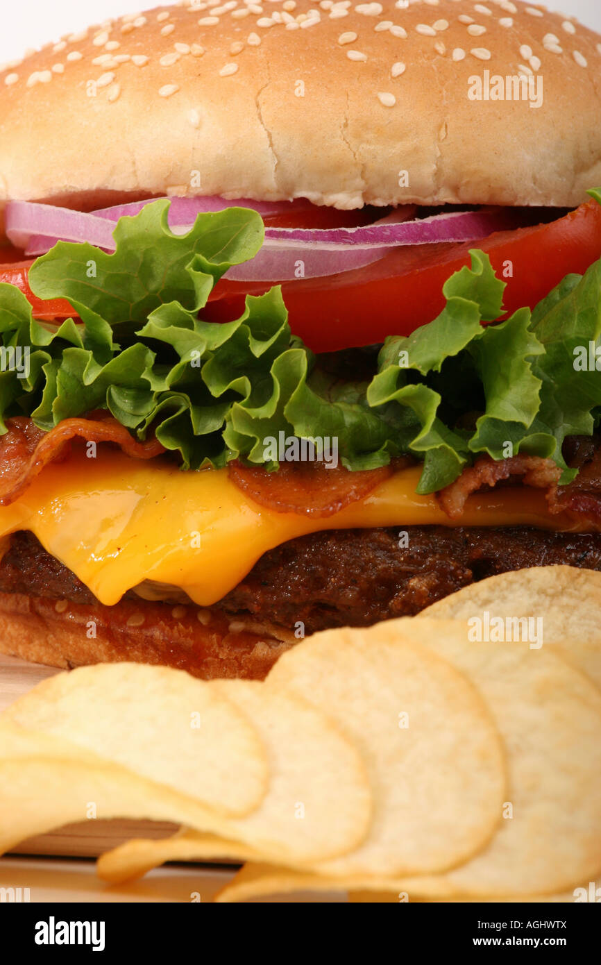 Hamburger with potato chips Beef burger American fresh fast food ...
