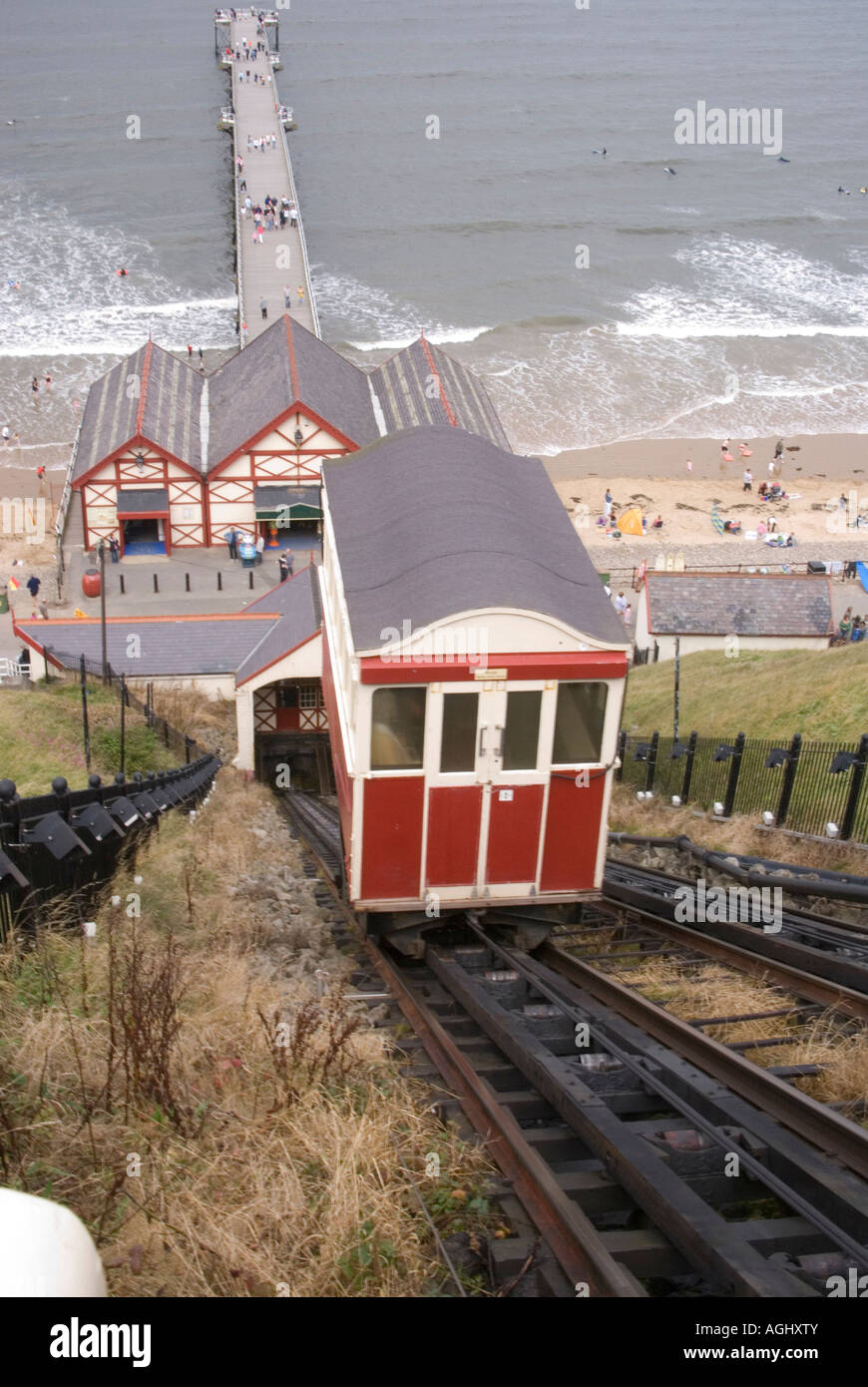 Saltburn's Victorian water powered cliff lifts and pier Stock Photo - Alamy