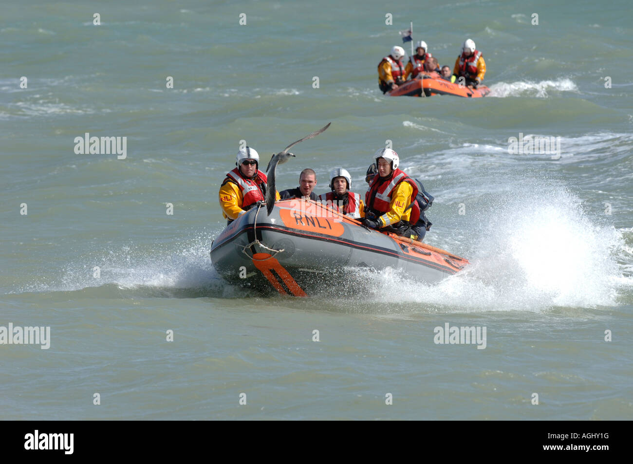 Eastbourne inshore Lifeboat crew on exercise in two rib inflatable ...