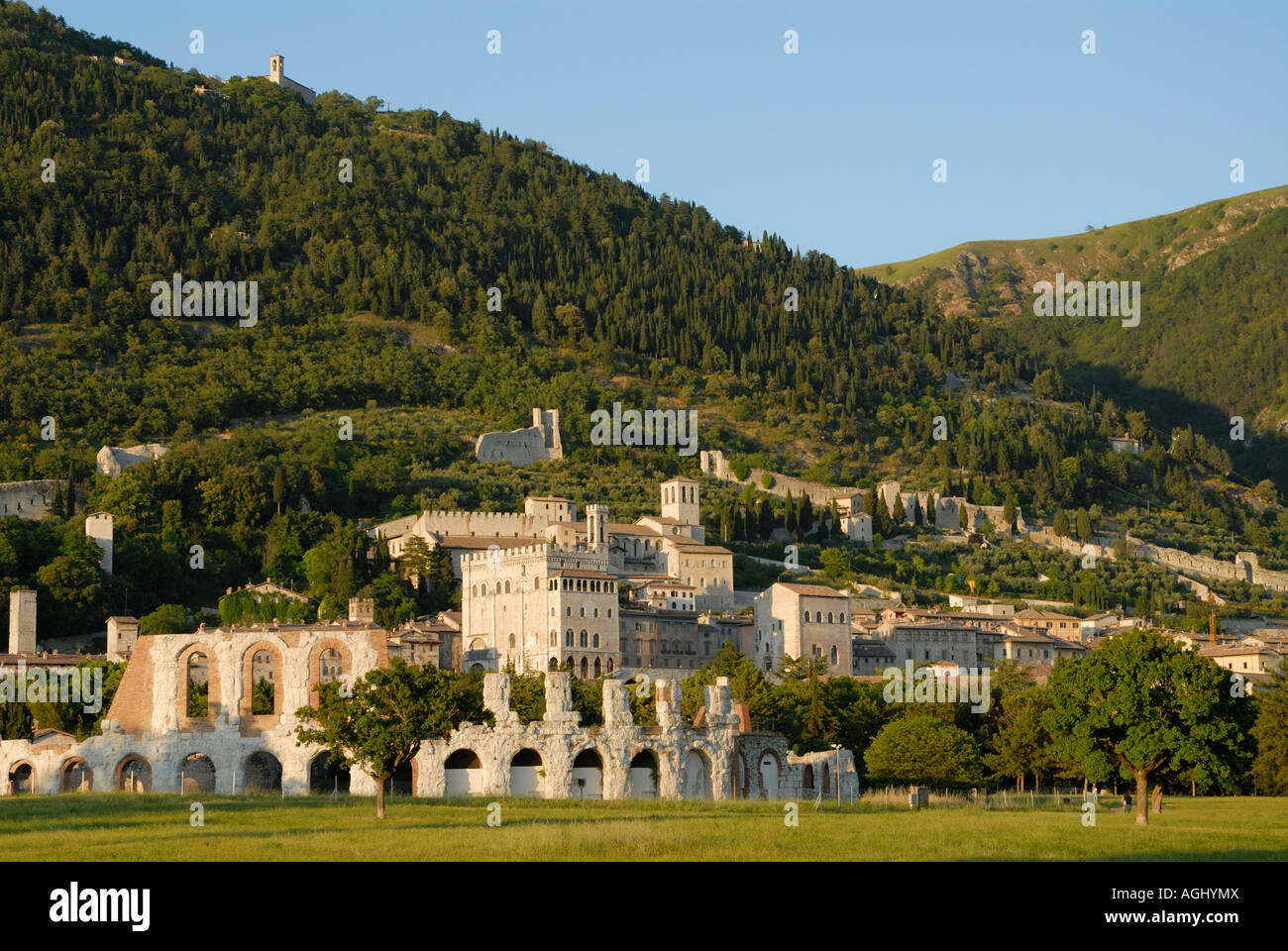 Gubbio Umbria Italy The remains of the Roman Theatre lower foreground ...