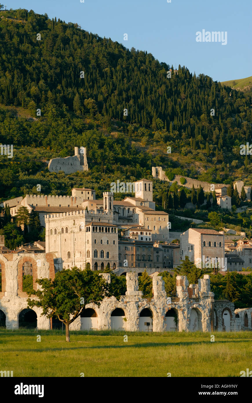 Gubbio Umbria Italy The remains of the Roman Theatre lower foreground ...