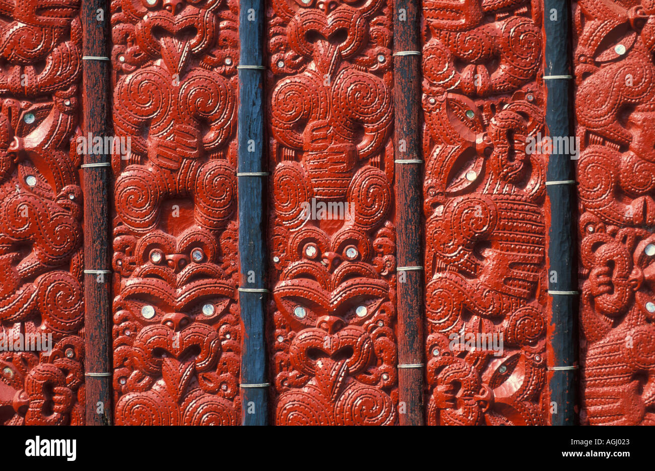 Red maori carved screen at Rotowhio Marae Whakarewarewa Rotorua North ...