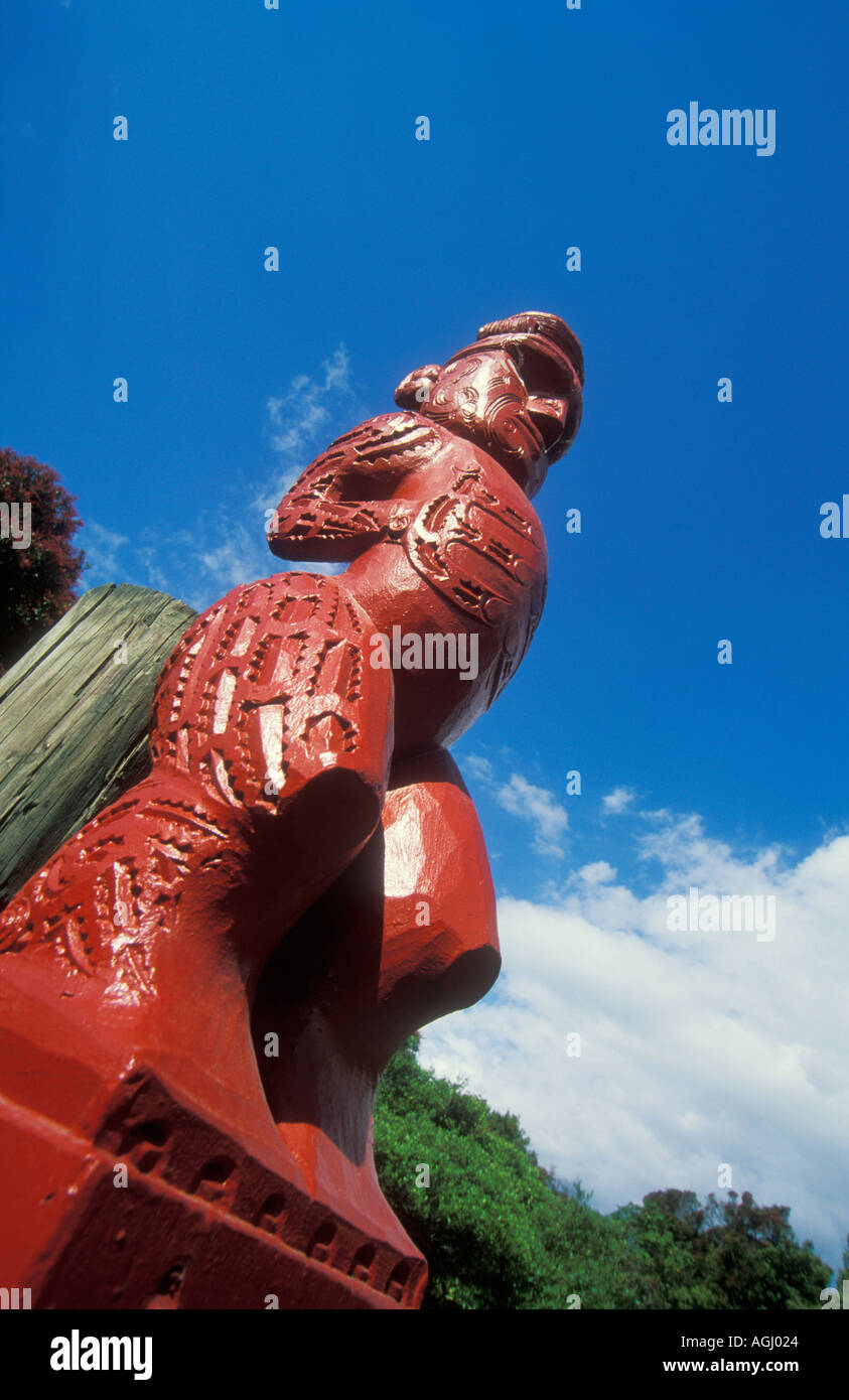 Red maori carving at Rotowhio Marae Whakarewarewa Rotorua North Island ...