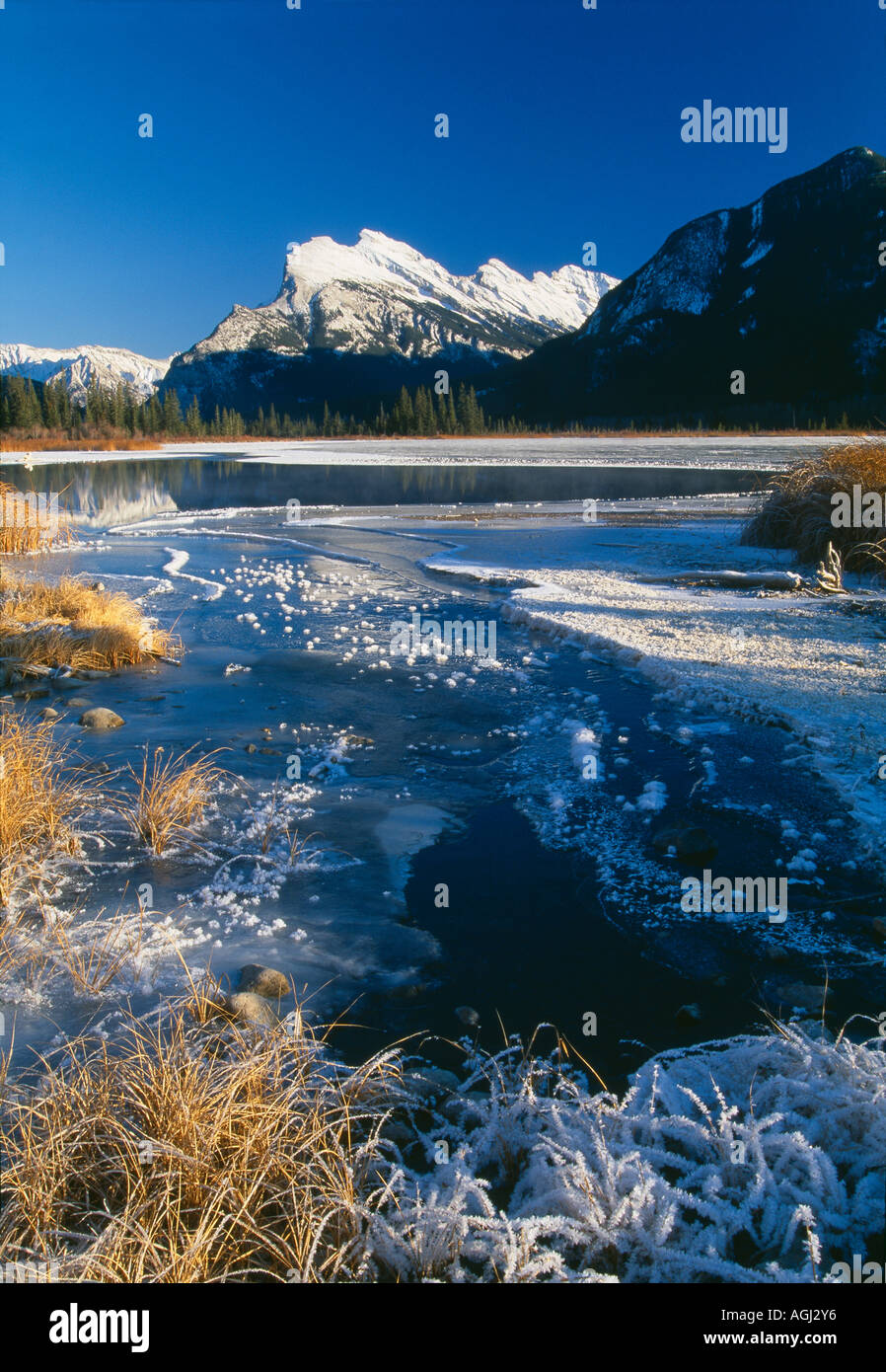 winter at Lake Vermillion with Mount Rundle in the snow Banff National ...