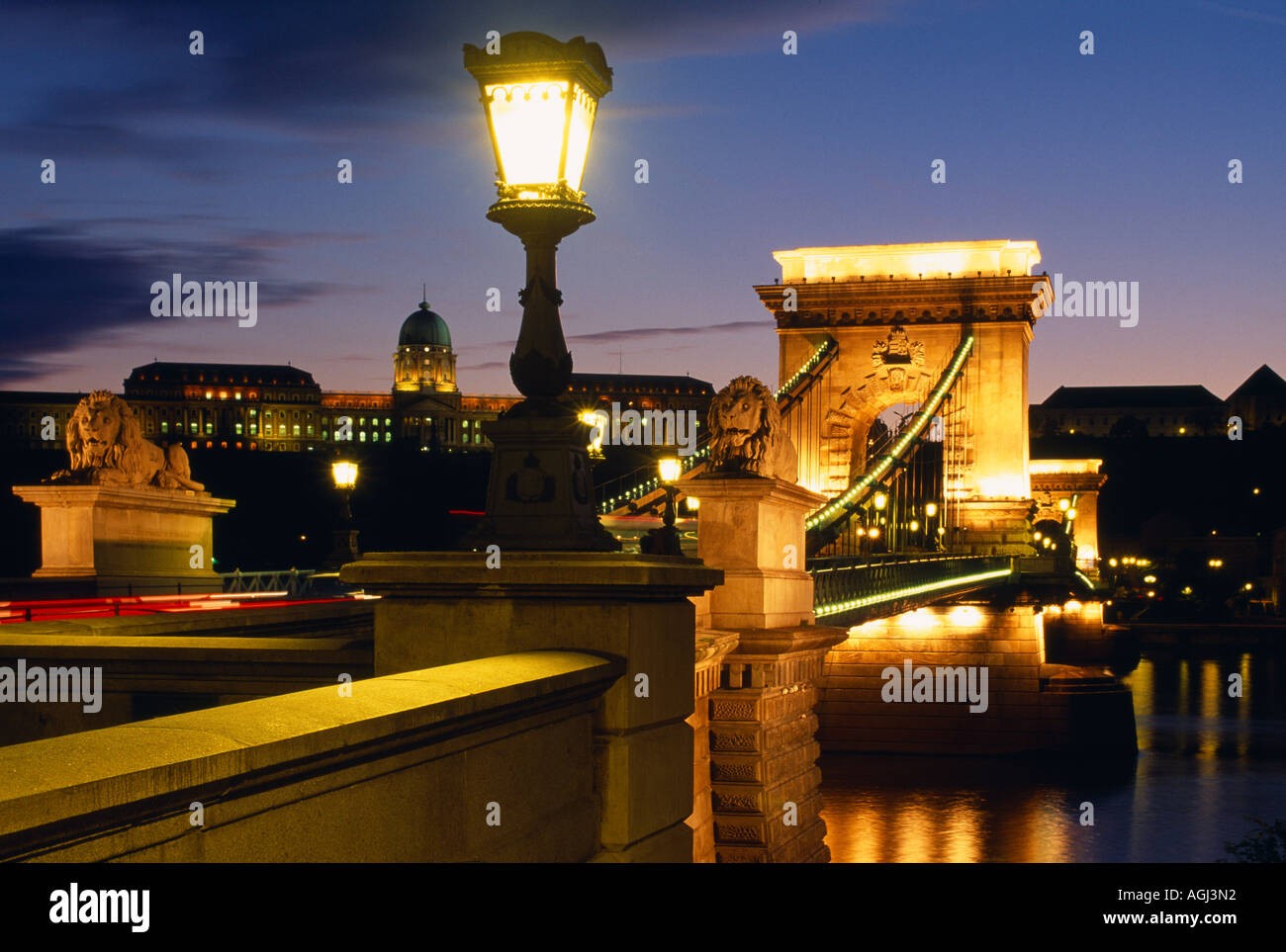 the Chain Bridge over the River Danube at night Budapest Hungary Stock ...