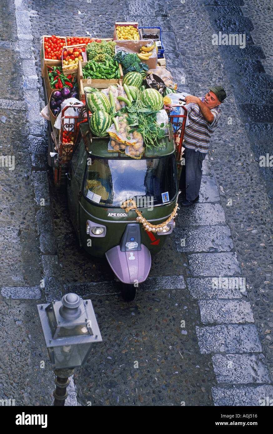 Vegetable delivery truck on village streets of Cefalu in Sicily Stock ...