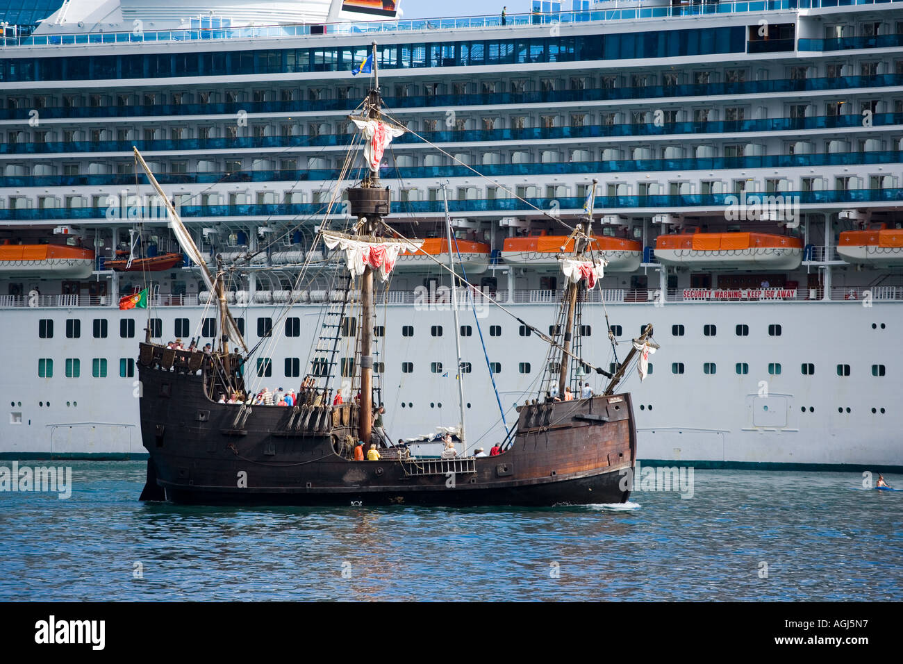 Madeira Funchal Harbour scene, Replica of Christopher Columbus's Boat ...