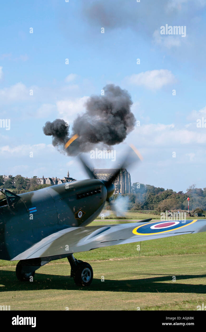 Spitfire waiting to take off during pyrotechnic display at Shoreham ...