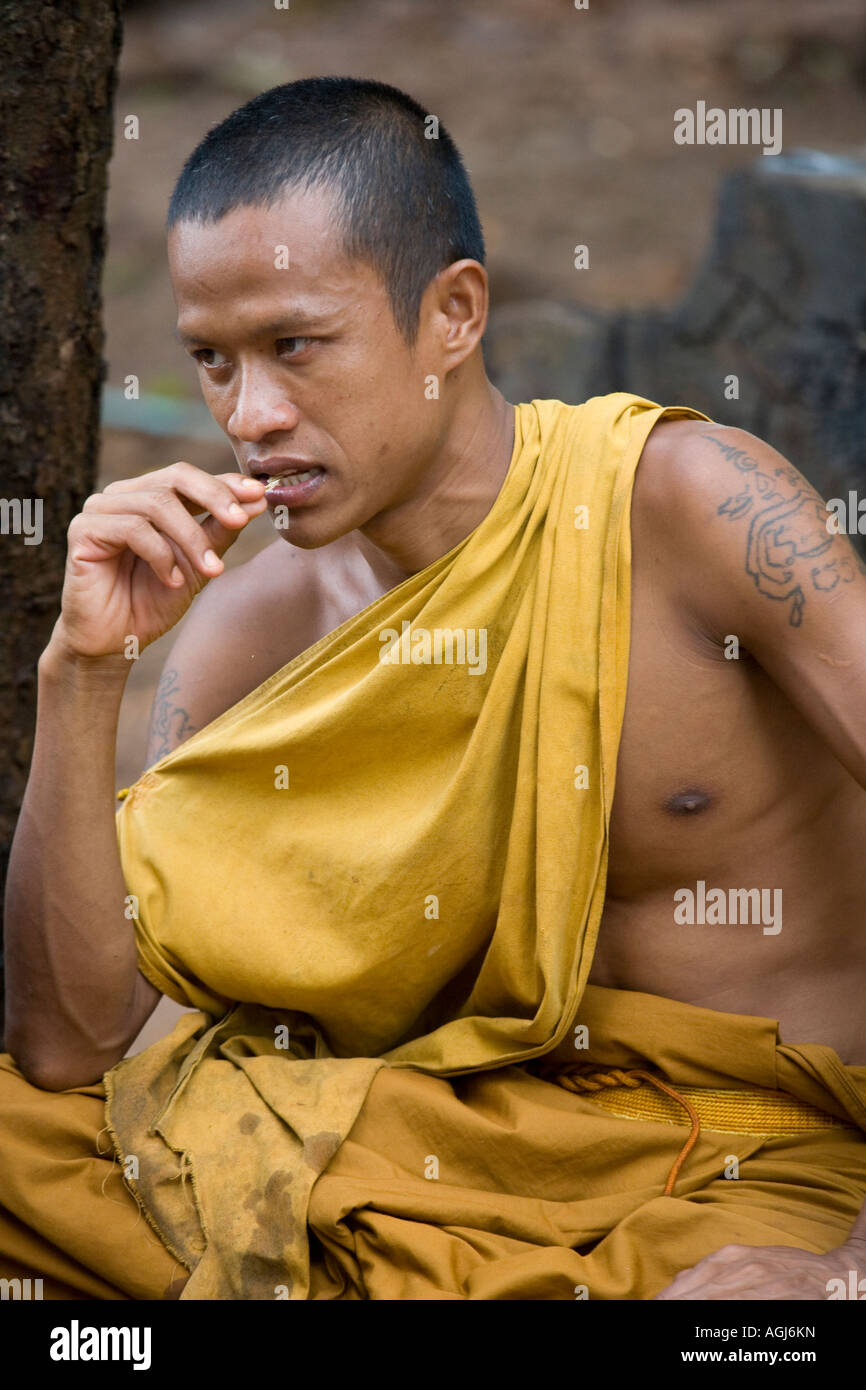 Thai monk in saffron robes in Kanchanaburi Tiger Tiger Temple Thailand ...